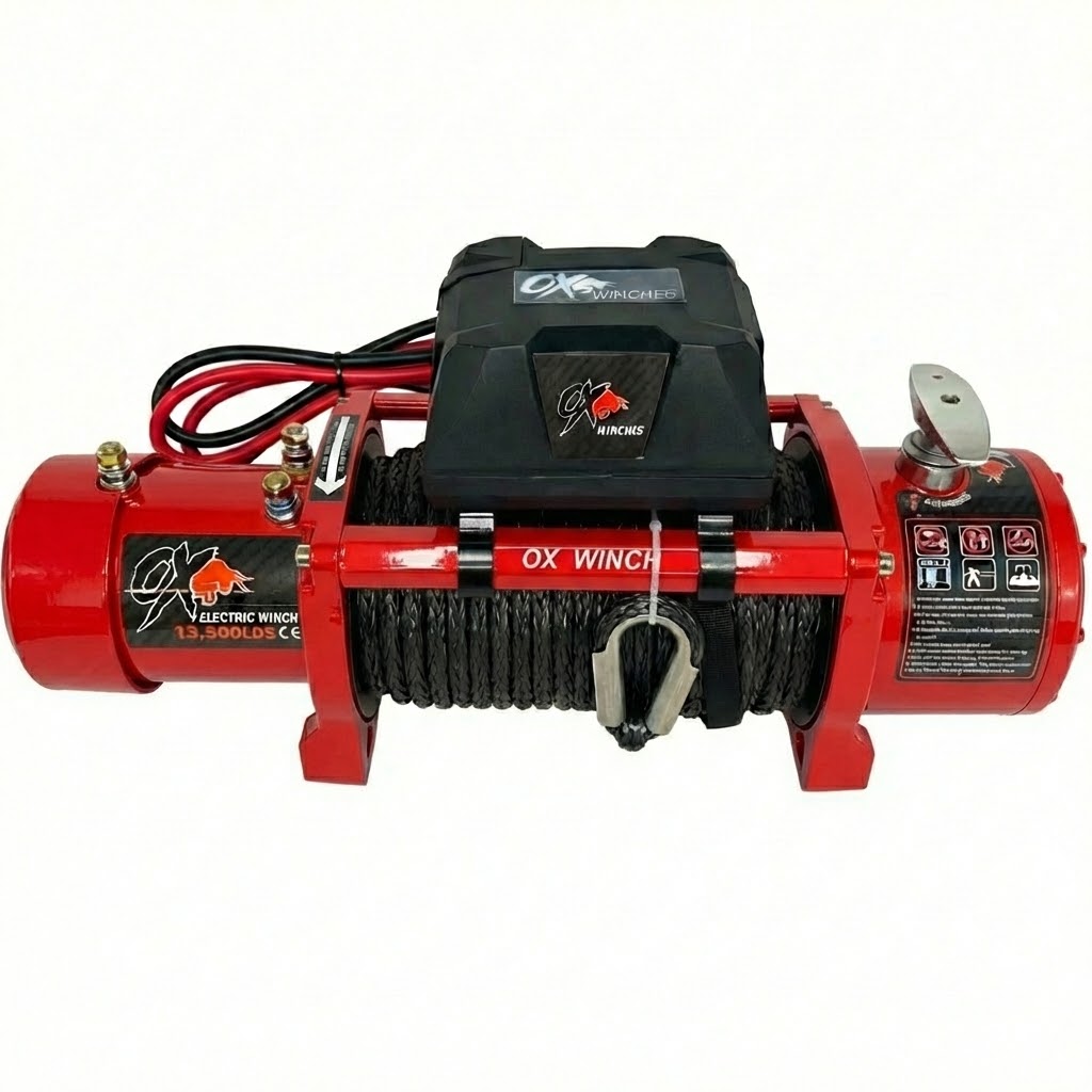 OX 13500lb 12V Electric Winch – Red Edition with Black Synthetic Rope